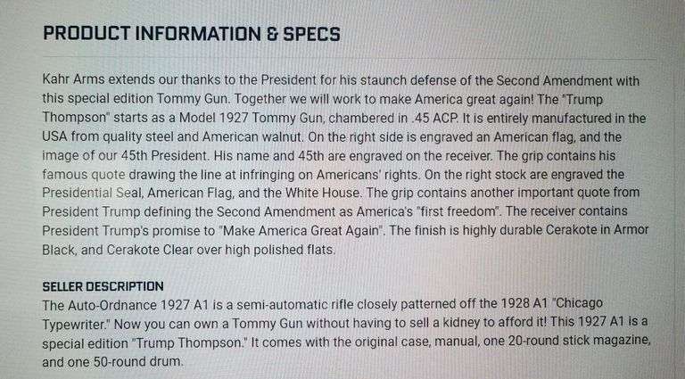 Kahr Arms/Auto Ordnace Thompson 1927 A-1 Trump 45th President Edition ...