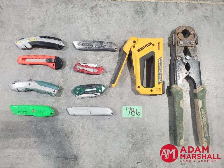 (8) Assorted Knives (1) Bostitch Tacker (1) Masterforce Crimper - Adam ...