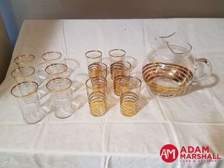 Gold Rimmed Pitcher & Glass Set - Adam Marshall Land & Auction, LLC
