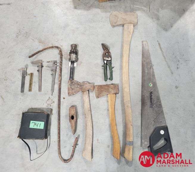 Assortment to Include Calipers, Axes, Saw, Exhaust Pipe Expander, OHM ...