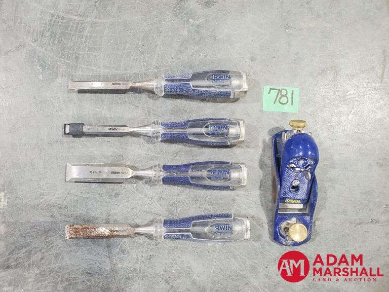 (4) Irwin Chisels (1) Block Plane - Adam Marshall Land & Auction, LLC