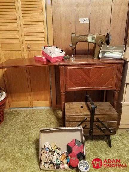 Vintage New Home Sewing Machine In Table, Electric Scissors, Sewing Box ...