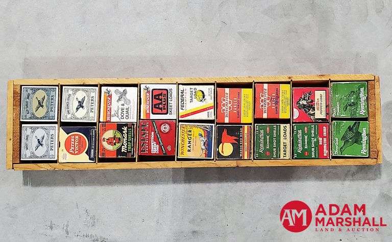 Wooden Shotgun Shell Box Display W/Assorted Vintage Boxes - 11" X 44 ...