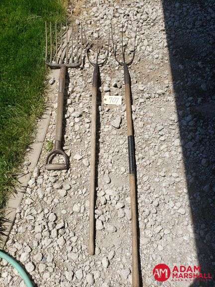 Manure fork (2) three-tine pitch forks - Adam Marshall Land & Auction, LLC