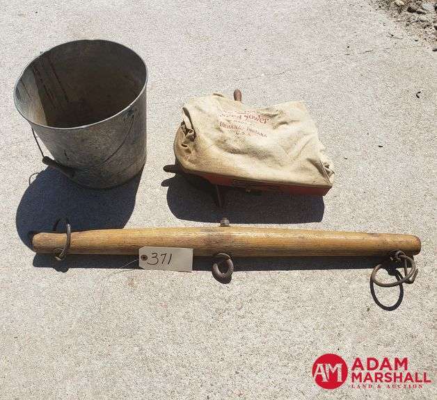(1) Single tree yoke, metal pail, Cyclone seed sower - Adam Marshall ...