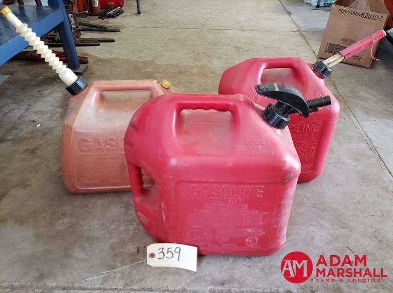 (3) 5 gallon gas cans - Adam Marshall Land & Auction, LLC