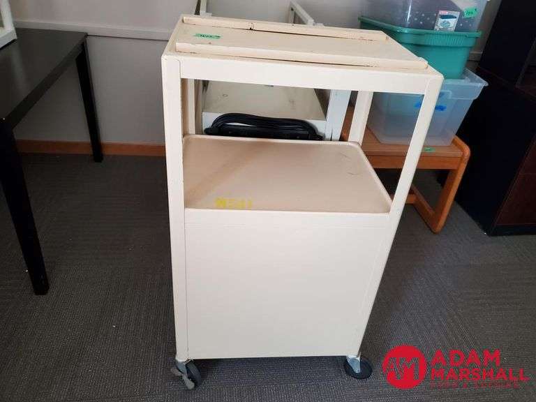(2) Plastic Two Shelf Mobile Carts (1) Wood Utilty Cart w/ Cabinet ...