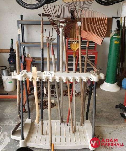 Suncast rolling tool rack & all yard tools to include rakes, hoes ...