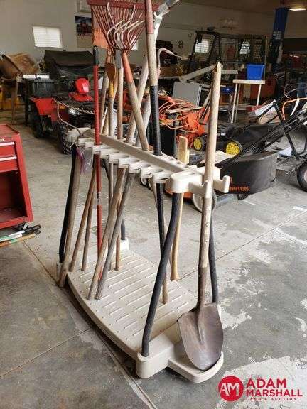 Suncast rolling tool rack & all yard tools to include rakes, hoes ...