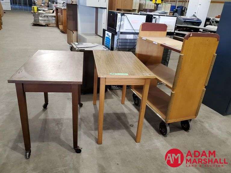 (2) Wood Tables, (1) Wood Library Book Cart - Adam Marshall Land ...