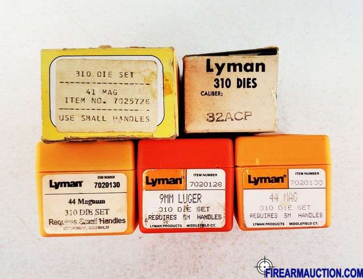 (5) Lyman 310 Die Sets - (1) 9MM, (2) 44 Mag, (1) 41 Mag, (1) 32 ACP - FirearmAuction.com LLC