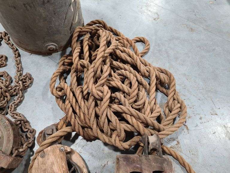 Pulleys, Rope, Chain, and Metal Pail - Adam Marshall Land & Auction, LLC