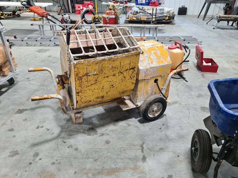 Yellow Tow-Behind Concrete Mixer with Steel Drum - Adam Marshall Land ...