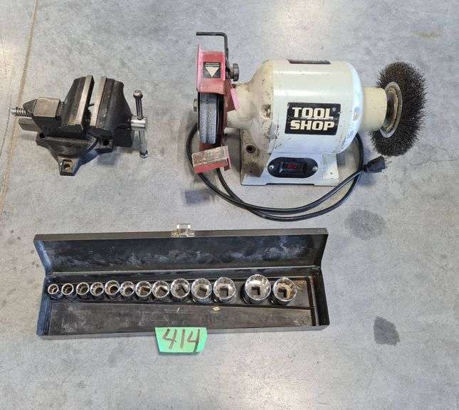 Tool Shop Bench Grinder, Pro Grade Bench Vise, and Socket Set - Adam ...