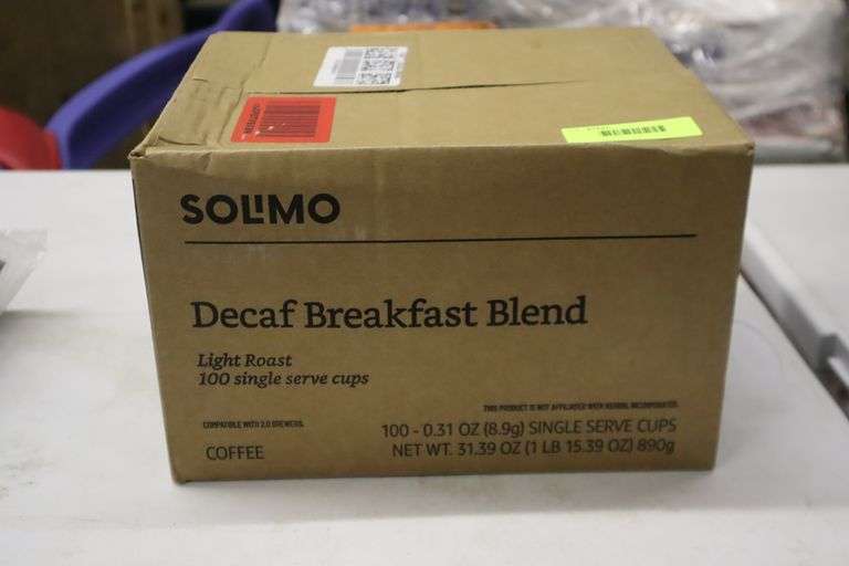 Solimo Decaf breakfast blend 100 single serve cups - Matthews Auctioneers