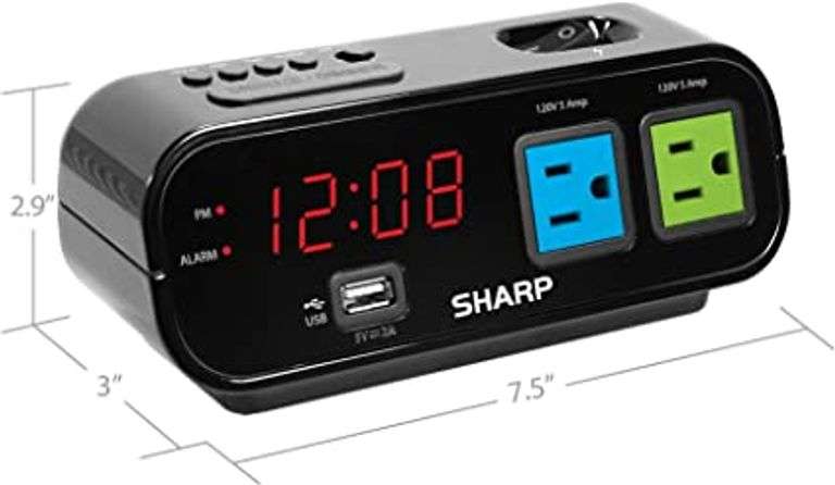 SHARP Digital Alarm Clock with 2X Power Outlets with Surge Protect and ...