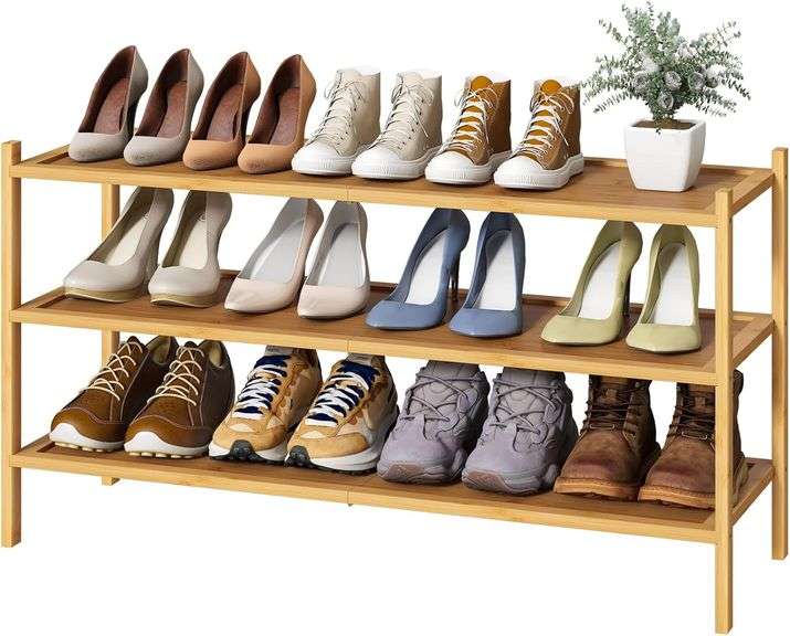 kiplant Long Shoe Rack, Bamboo Wood 3-Tier Shoe Rack for Entryway ...