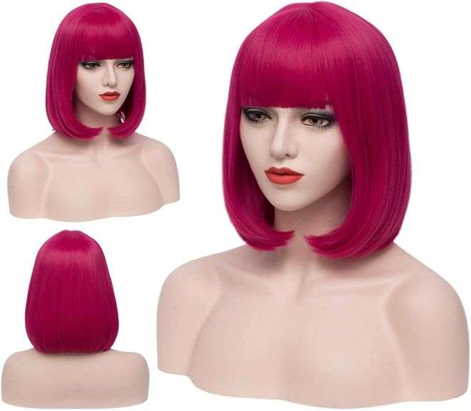 PATTNIUM Short Hot Pink Bob Wig with Bangs for Women Rose Net Synthetic ...
