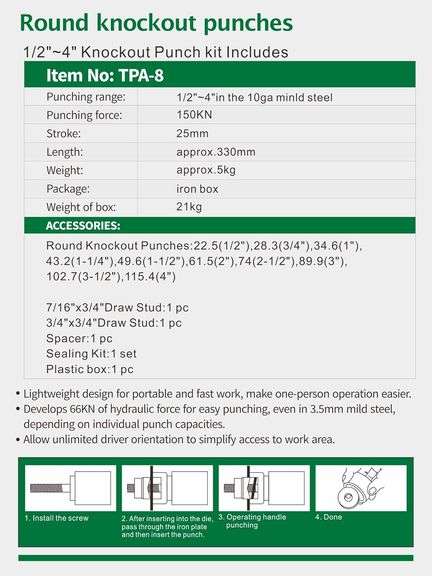 Hydraulic Knockout Punch Electrical Conduit Hole Cutter Set KO Tool Kit ...