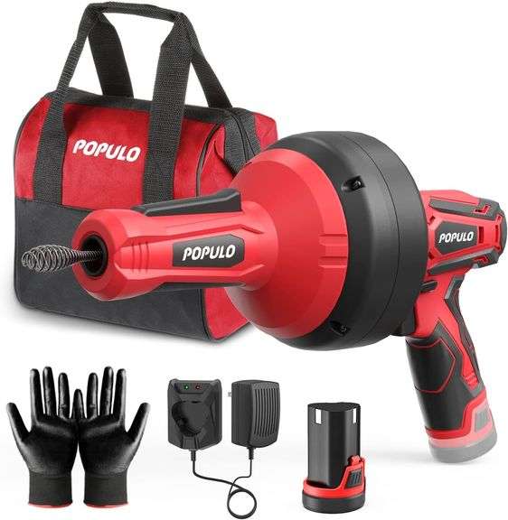 POPULO Electric Drain Auger, 12V Flexible Snake Drain Clog Remover with ...