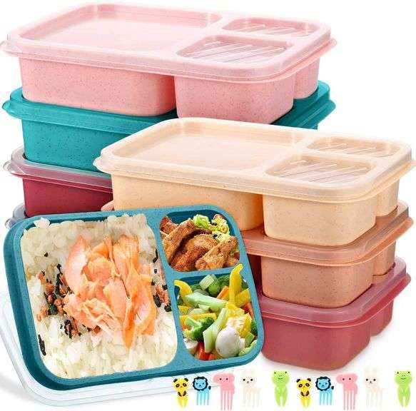 FoldTier 8 Pack 3 Compartment Reusable Bento Lunch Box Divided Bento ...