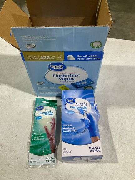(7) Packs Flushable Wipes & Disposable Gloves - Matthews Auctioneers