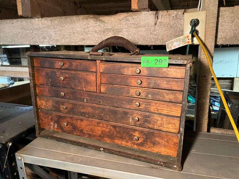 Antique Wood Machinest Box with Contents - Matthews Auctioneers