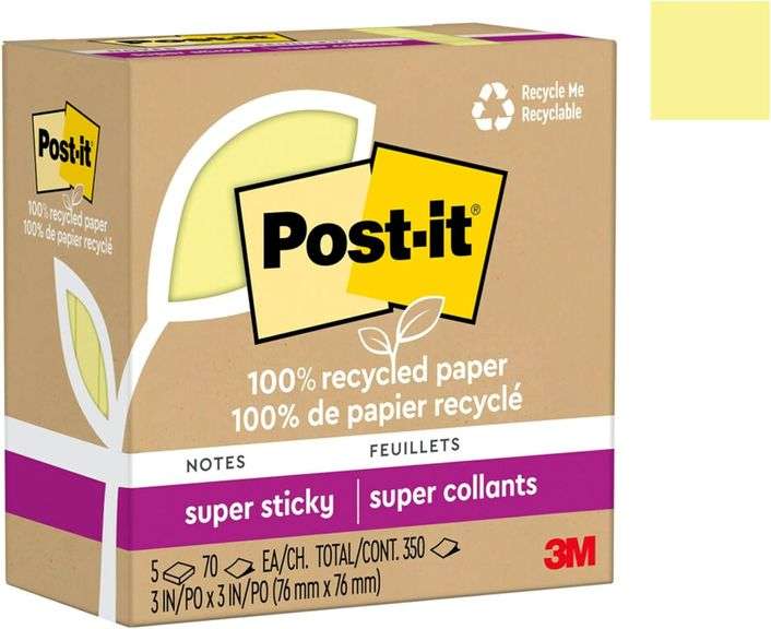 (6) Post-it 100% Recycled Paper Super Sticky Notes, 2X The Sticking ...