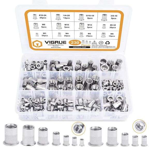 VIGRUE 230PCS SAE & Metric Rivet Nuts UNC Nutserts Rivnut Assortment Kit, Flat Head Insert Nut ...