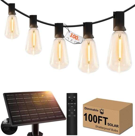 Solar Outdoor String Lights - 100 Ft Waterproof Patio Lights Outdoor - 1W LED Retro Edison Globe ...