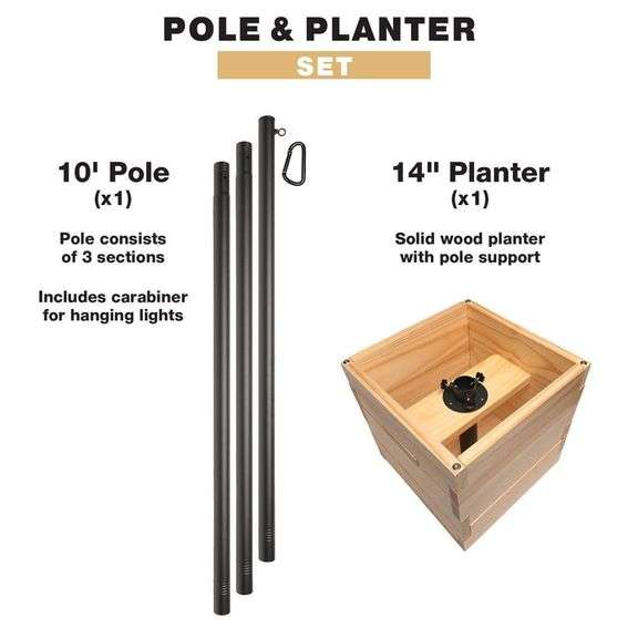 10 ft. Premium String Light Pole and Large 14 in. Natural Wooden ...