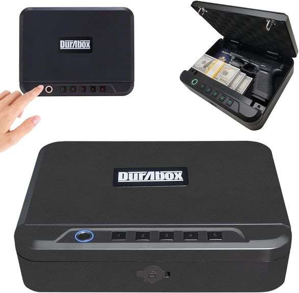 Durabox Quick Access Lock Box Security Safe with Biometric Fingerprint, PIN Keypad & Key for Gun ...