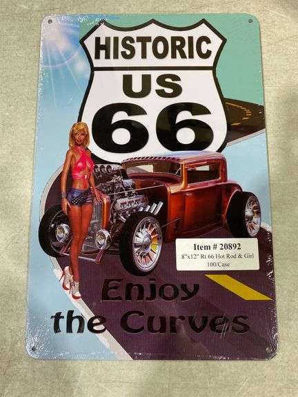 8 in x 12 in Rt 66 Hot Rod & Girl Metal Sign - Matthews Auctioneers