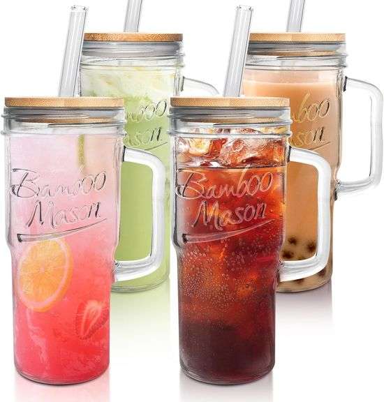 ANOTION Glass Cups with Lids and Straws - 24oz Tumbler with Handle ...