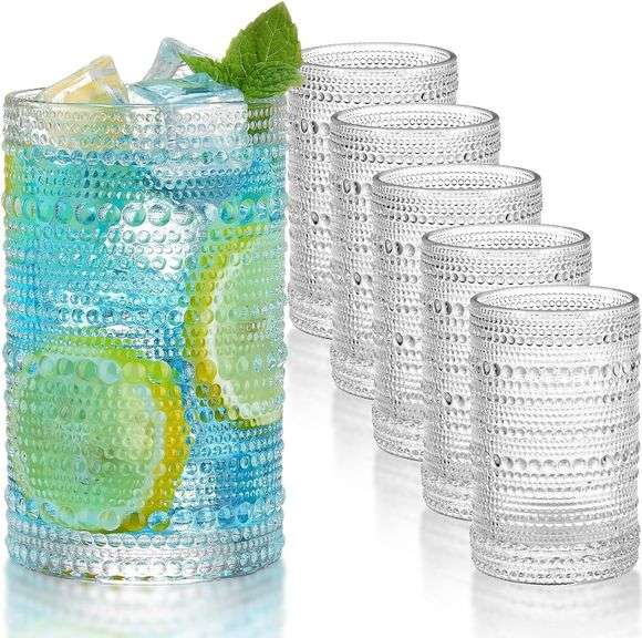 FayuuGem Highball Drinking Glasses, 13 Oz Vintage Style Hobnail Glass ...