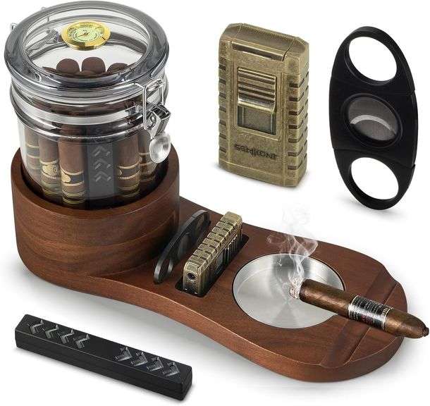 SEMKONT Cigar Humidor, Solid Wood Cigar Ashtray & Acrylic Cigar Jar Kit ...