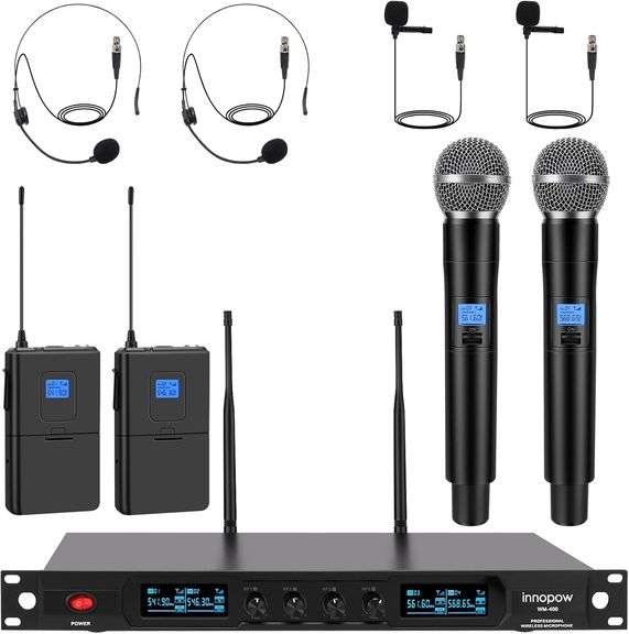 4-Channel Wireless Microphone System, Quad UHF Metal Cordless Mic, 2 ...