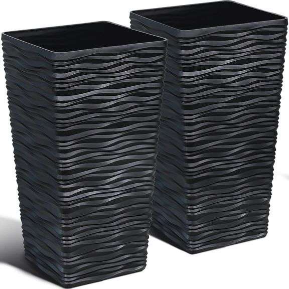 Worth Garden 2-Pack Black Tall Planter - Plastic Square Tapered Plant ...