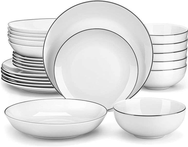 MALACASA 24-Piece Gourmet Porcelain Dinnerware Sets, Modern White with ...