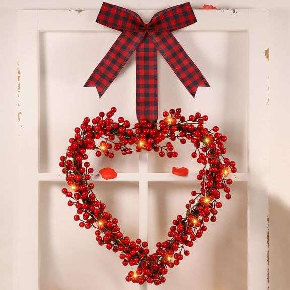 Valentine's Day Heart Wreath for Front Door, Lighted Up Red Berry ...