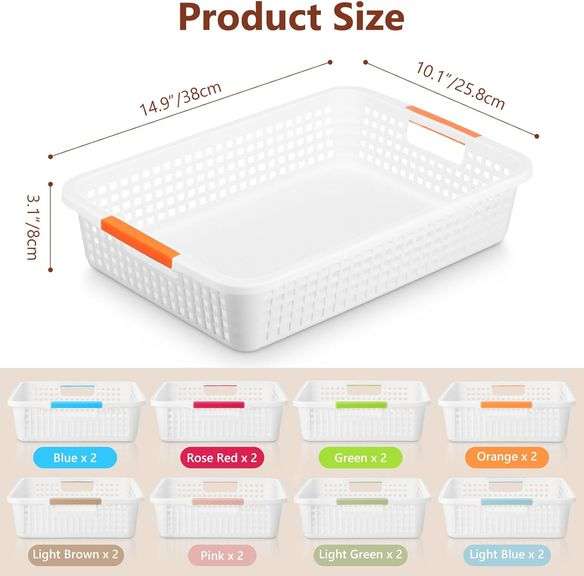16 Pack Large Plastic Storage Basket Bulk with Handles 15 x 10 x 3 Inch ...