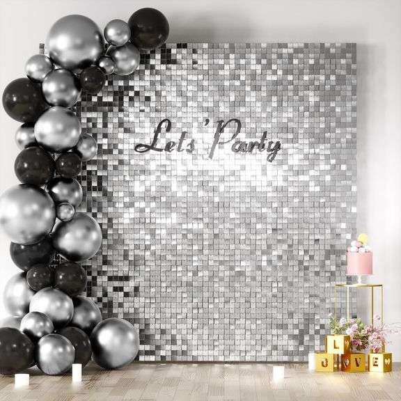 COKAOBE Silver Shimmer Wall Backdrop, 30PCS Square Sequin Shimmer ...