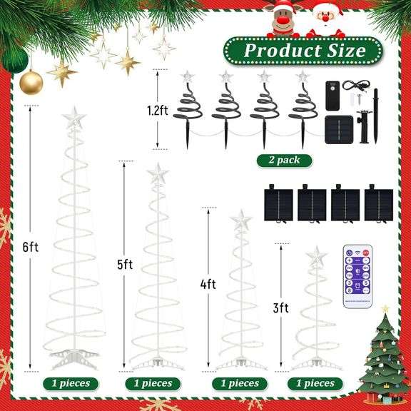 12 Pcs LED Spiral Christmas Tree Light with Solar Panels & Remote, 6ft ...