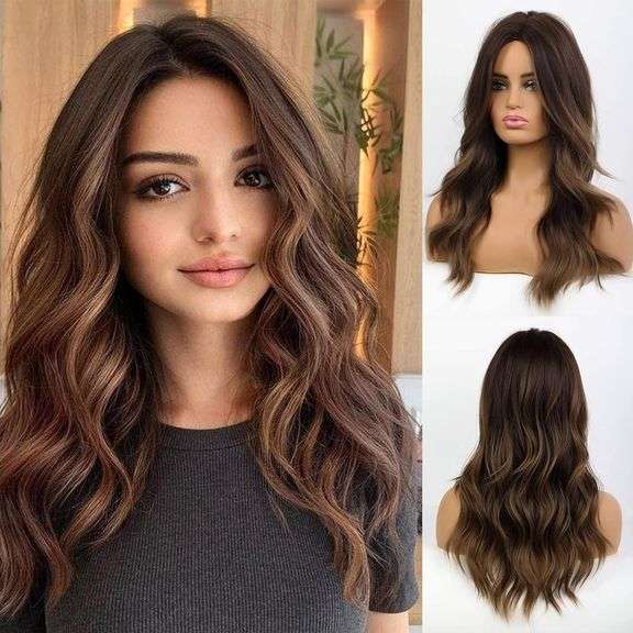 Ombre Brown Wig Long Wavy Curly Synthetic Wigs Middle Part Wig BLONDE ...