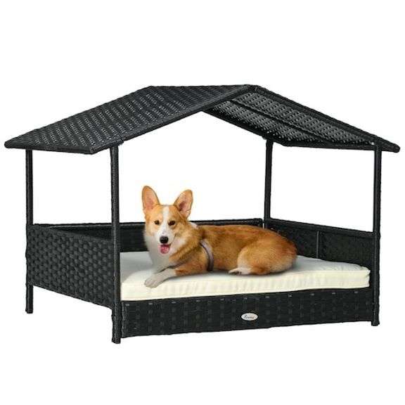 PawHut Wicker Dog House Outdoor with Canopy Rattan Dog Bed with Water ...