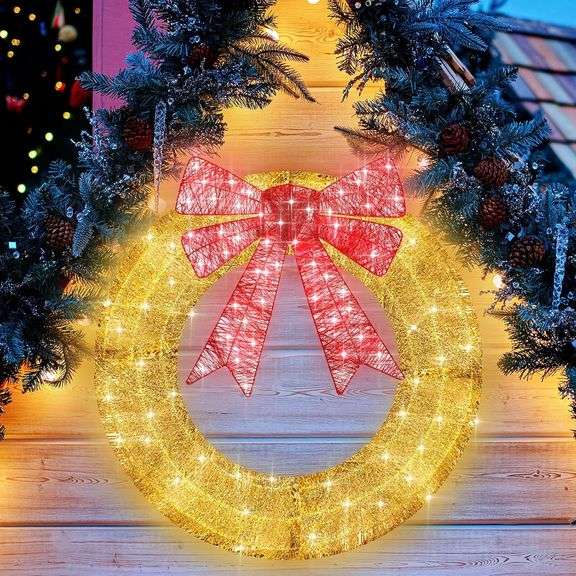 Poen 48 Inch Christmas Wreath Lighted Pre Lit Outdoor Christmas 140 LED Light Up Wreath with Red Bow for Front Door Giant Metal Xmas Wreath for Indoor Outdoor Party Wall Decorations Matthews Auctionee...