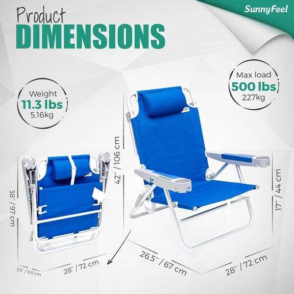 SUNNYFEEL Low Folding Beach Chair 500 LBS Heavy Duty 5 Position Lay ...