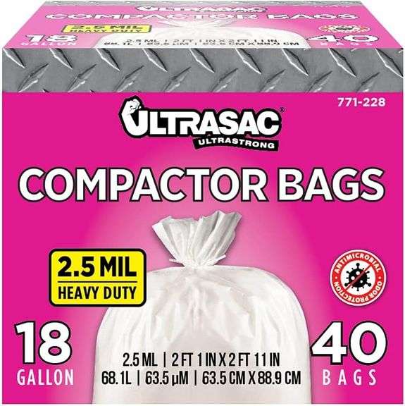 Ultrasac Trash Compactor Bags - (40 Pack with Ties) 18 Gallon for 15 ...