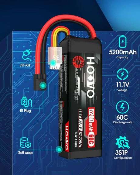 HOOVO 11.1V 3S LiPo Battery 5200mAh 60C with Tr Plug for RC Car RC ...