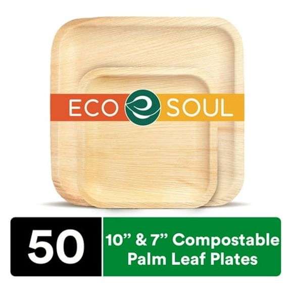 ECO SOUL 100% Compostable 10 Inch & 7 Inch Palm Leaf Plates 50-Pack I ...